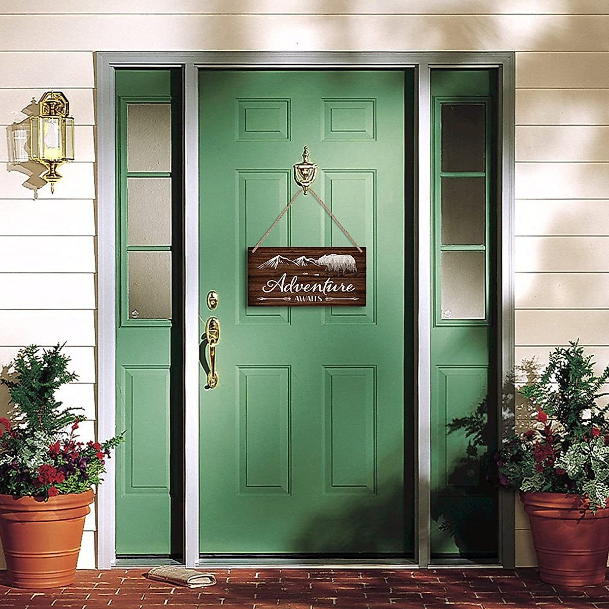 FWIEXA Adventure Awaits Inspirational Quote Sign Hanging, Rustic Wooden Plaque Wall Hanger, Mountain Bear Arrow Decorative Door Sign for Home Garden Store Porch Decor (11''x6'')