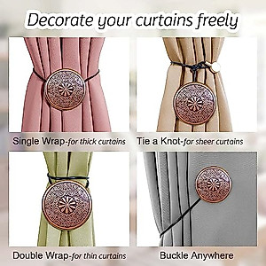 Vineland Retro Metal Magnetic Curtain Tie Back, 2 Pack Decorative Flower Metallic Boho Holder for Curtains Drape, Rustic Home Decoration (Brown)