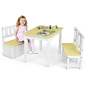 HONEY JOY Kids Table and Chair Set, Toddler Table and 2 Chairs Set w/Toy Storage Bench, 4-Piece Children Wooden Activity Table & Chair Set for Daycare Playroom, Gift for Boys Girls(Natural)