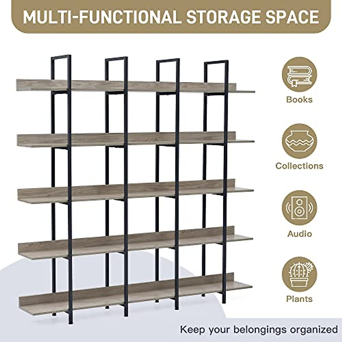 5 Tier Industrial Bookshelf, Triple Wide Wood Bookshelf with Metal Frame, Rustic Etagere Bookcase with Back Panel, Vintage Storage Rack with Open Shelves for Living Room, Bedroom, Study, Black&Gray