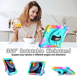 LTROP Case for iPad 9th/ 8th/ 7th Generation (2021/2020/2019), Shockproof 10.2” iPad Cover with Shoulder Strap Pen Holder Swivel Stand, Aqua Teal