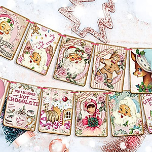 Pink Christmas Decorations Vintage Style Santa Claus Elk Gingerbread Banner Merry Christmas Hanging Banner for Home Office Party Fireplace Christmas Party Supplies