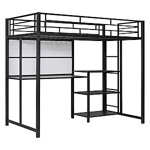 CABSETT Metal Loft Bed with Desk and Whiteboard, Twin Size Loft Bed with 3 Shelves and Ladder, Heavy-Duty Loft Bedframe for Kids Boys Girls Teens, Easy Assembly, Black