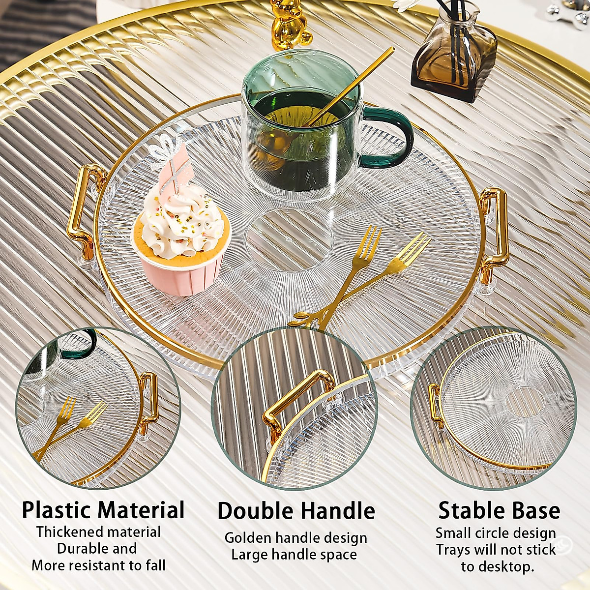 IWANGDS Round Serving Tray with Golden Handles and Golden Rim Border, Decorative Plastic Serving Tray for Living Room, Bathroom, Kitchen | Tray Decor for Party, Coffee Table, Display 10.63" (Amber)