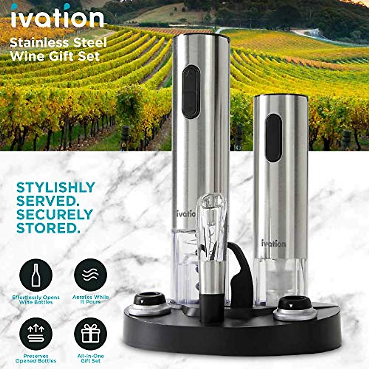 Ivation Wine Gift Set, Includes Stainless Steel Electric Wine Bottle Opener, Wine Aerator, Electric Vacuum Wine Preserver, 2 Bottle Stoppers, Foil Cutter & LED Charging Base