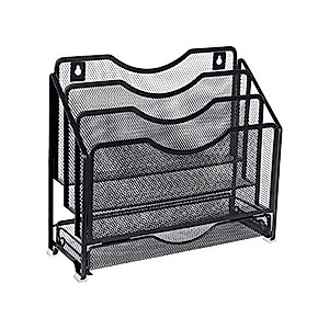EasyPAG Mesh Desk Paper Organizer Wall Hanging File Holder with 3 Upright File Organizer and Sliding Drawer,Black