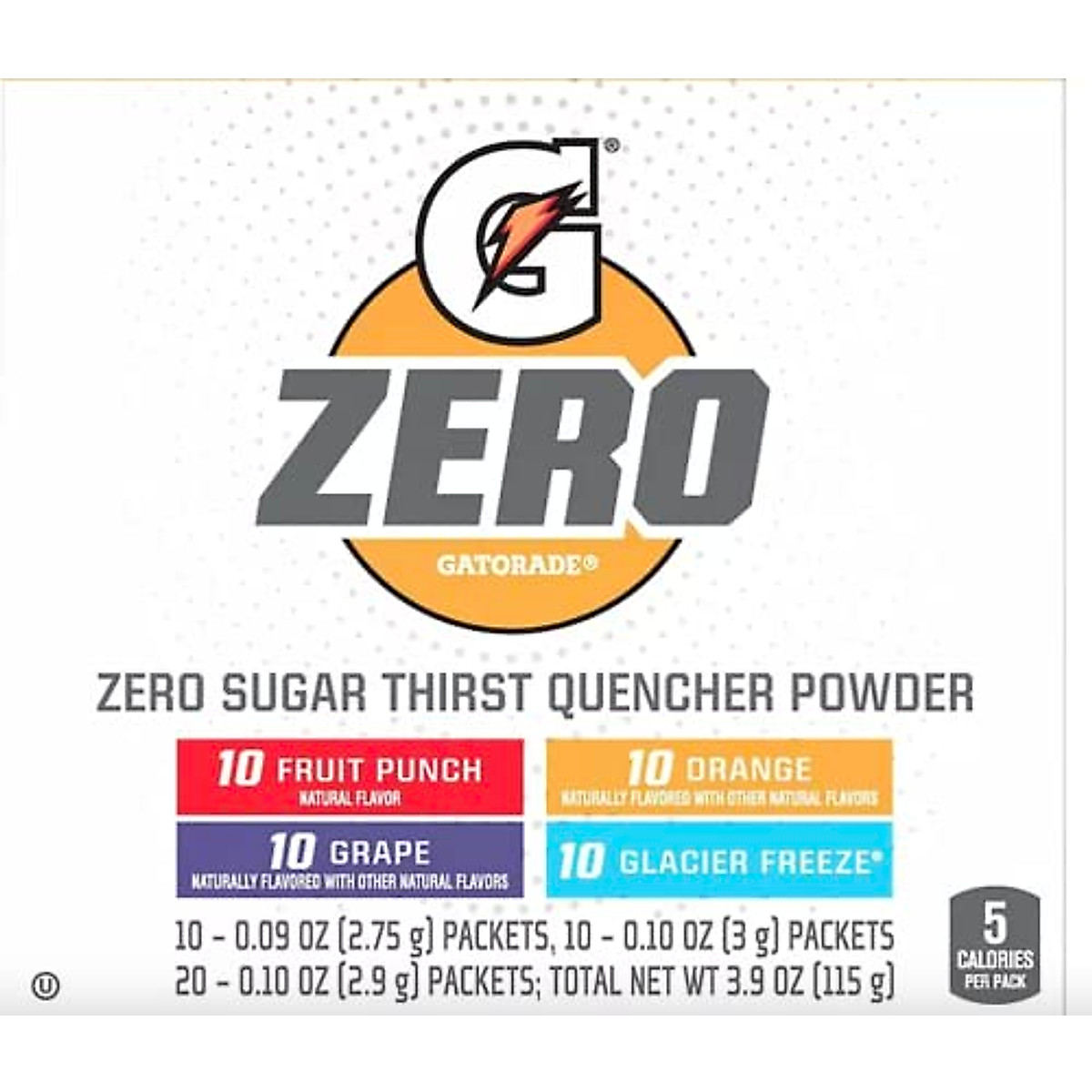 Gatorade G Zero Powder 4 Flavor Variety Pack 10 of Each FlavorPack of 40 0.10oz Glacier Freeze Orange Grape Fruit Punch packed by TOOZOON