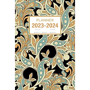 Planner July 2023-2024 June: 6x9 Medium Notebook Organizer with Hourly Time Slots | Creative Ethnic Flower Design Black