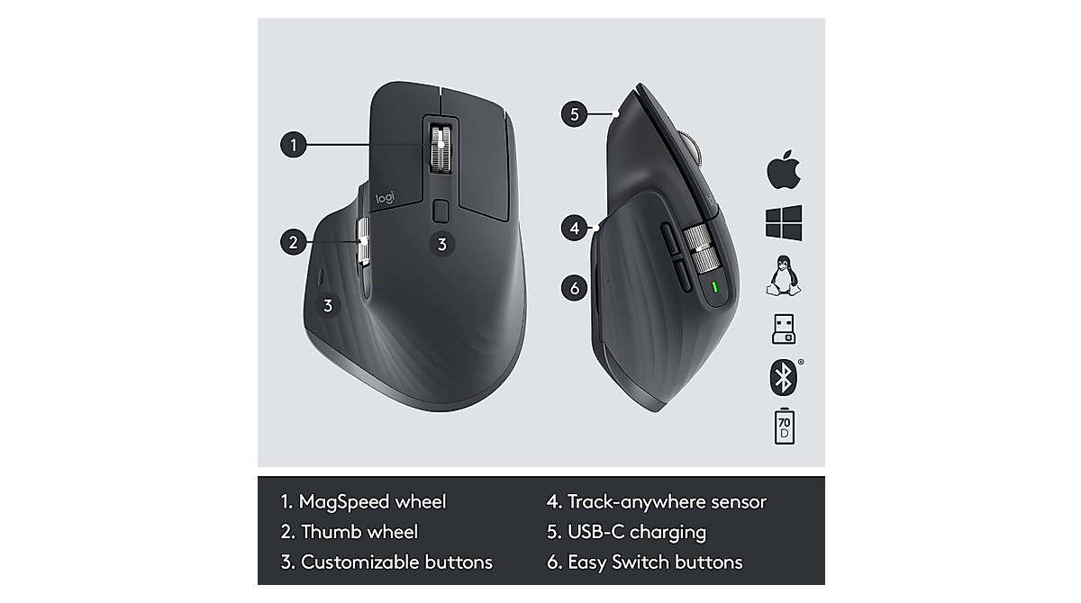 Logitech MX Master 3 Wireless Mouse - Graphite - Renewed