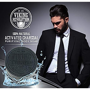 Viking Revolution Activated Charcoal Soap for Men w/Dead Sea Mud – Men’s Body and Face Soap – Manly Black Facial Care Soap Bar to Cleanse Blackheads - Peppermint & Eucalyptus Scent (1 Pack)