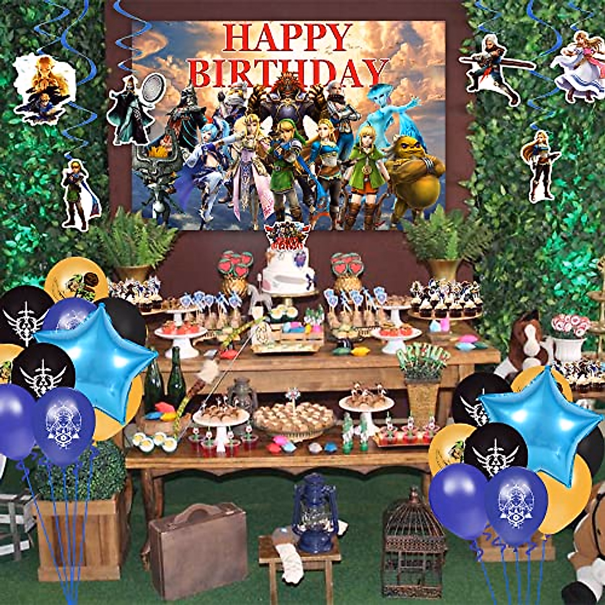 85Pcs Game Birthday Party Supplies, Party Decorations Includes Banner, Cake Topper, Background, Hanging Swirl, Balloon, Foil Balloon, Cupcake Topper Birthday Party Decorations for Boys and Girls