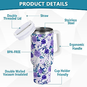 Adornlife Violet Flowers 30 oz Tumbler with Handle and Straw Lid, 100% Leak-proof Travel Coffee Mug, Stainless Steel Insulated Cup For Beverages, Cupholder Friendly