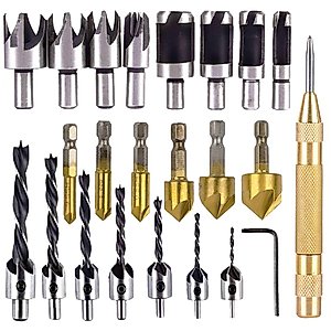 Rocaris 23-Pack Woodworking Chamfer Drilling Tool, 6pcs 1/4" Hex 5 Flute 90 Degree Countersink Drill Bits, 7pcs Three Pointed with L-Wrench, 8PCS Wood Plug Cutter, and Automatic