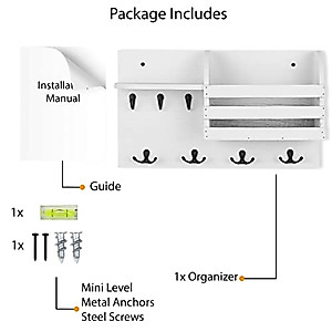 Wallniture Horta Mail & Key Holder for Wall, Farmhouse Decor Coat Rack Entryway Organizer with Hooks for Hanging Face Masks Wood Rustic White