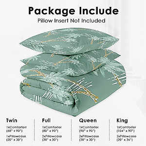 Pinbeam Comforter Set Queen Size, Palm Tree Ocean Retro Soft Bedding Set for Kids and Adults Bedroom Bed Decor, Green Mint Plant Comforter Set with 2 Pillowcases