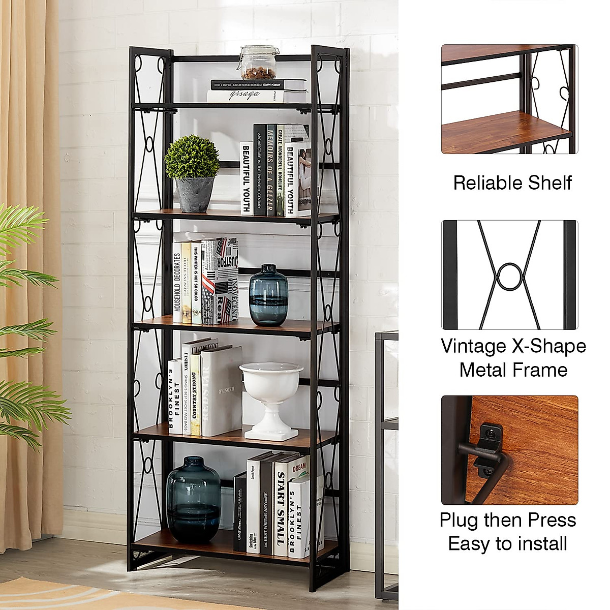 VECELO Bookshelf No Assembly, 5 Shelf Folding Bookcase, Book Shelves Organizer for Living Room, Bedroom, Kitchen, Office, Industrial Metal Frame, Walut, 1 Set