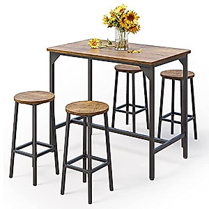 Qsun Kitchen Table Set for 4, Dining Table Set with 4 Chairs, Counter Height Bar Table and Chairs Set for Kitchen, Dining Room, Breakfast Nook and Home Bar (Rustic Brown)