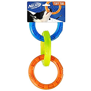 Nerf Dog Rubber 3-Ring Tug Dog Toy, Lightweight, Durable and Water Resistant, 10.5 Inches, for Medium/Large Breeds, Single Unit, Blue/Green/Orange