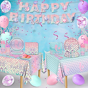 Mermaid Birthday Decorations, 147Pcs Mermaid Party Supplies-Serves 24 with Mermaid Plates and Napkins Tablecloth and Birthday Banner Balloons for Mermaid Theme Party Decorations