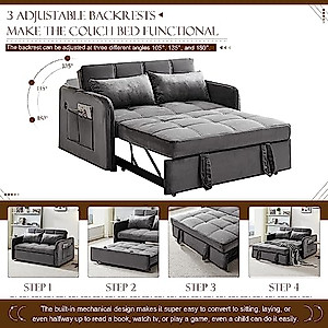 Velvet Pull Out Sleeper Sofa Bed with USB Ports, Convertible Futon Couch with Adjustable Backrest, 3 in 1 Modern Loveseat with 2 Pockets and Pillows, Small Love Seat for Living Room, Office, Dark Grey