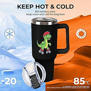 Rollerskating Dinosaur Insulated Tumblers with Handle Stainless Steel Coffee Mug Funny Travel Cup with Lid Straw 40oz