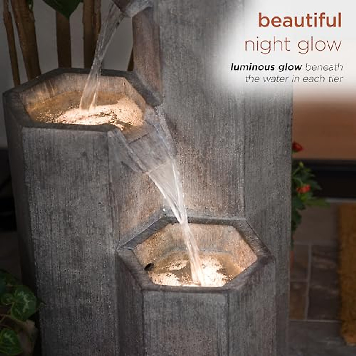 Alpine Corporation 25" Tall Indoor/Outdoor 3-Tier Hexagonal Columns Fountain with LED Lights
