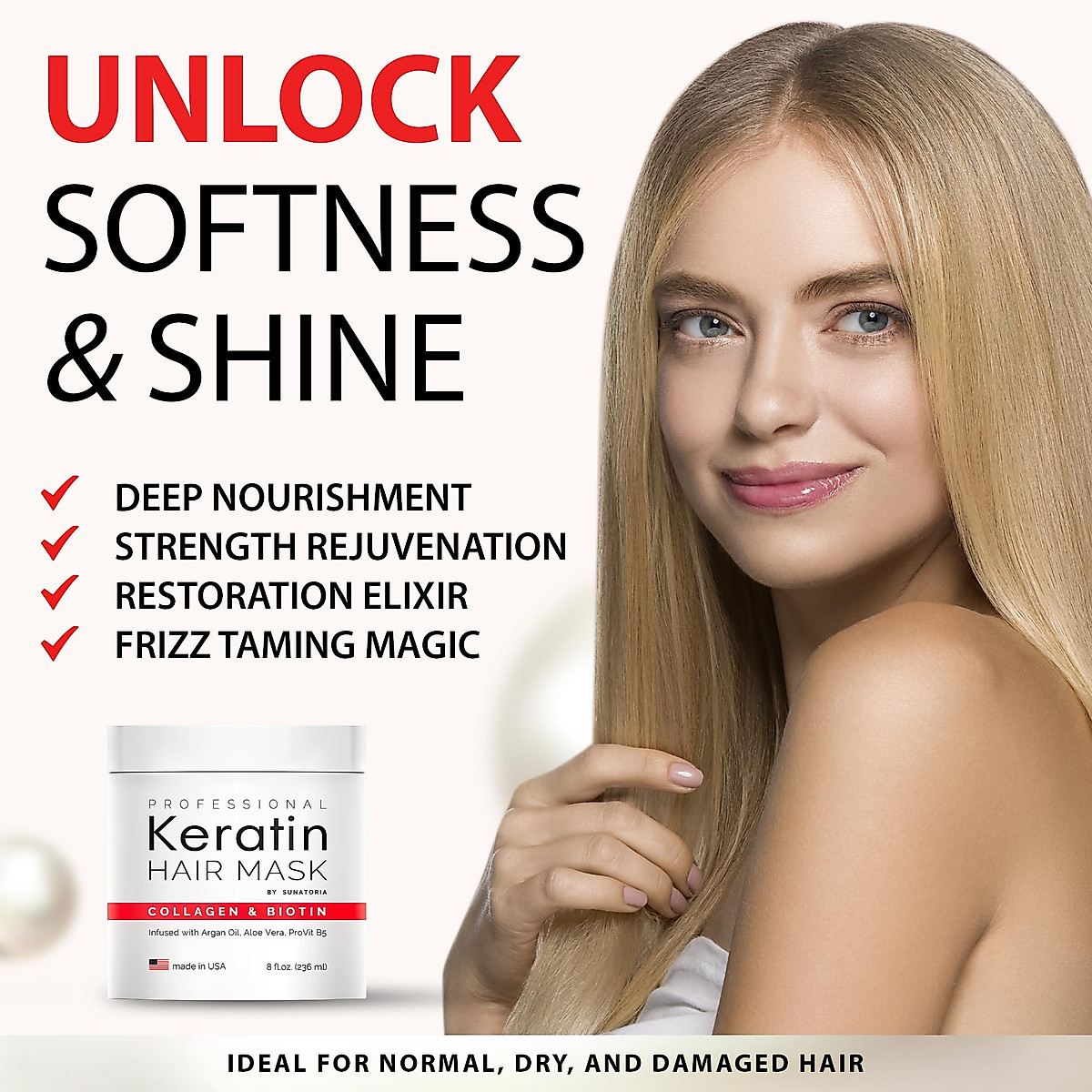 Professional Keratin Hair Mask - Made in USA - Nourishment Treatment for Hair Repair & Beauty - Biotin Collagen Coconut Oil & Pro-Vitamin B5 Protein Mask - Hair Vitamin Complex