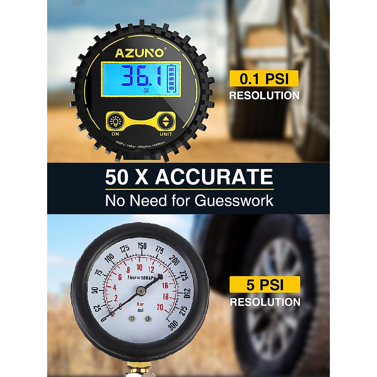 AZUNO Digital Tire Inflator with Pressure Gauge, 200 PSI, Heavy Duty Air Compressor Accessories, w/Rubber Hose Lock on Air Chuck and Quick Connect Coupler