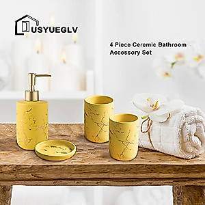 USYUEGLV Ceremic Bathroom Accessory Set, 4 Pieces Marble Look Complete Bath Decor Kit Includes Lotion Soap Dispenser, 2 Toothbrush Holder/Tumbler and Soap Dish (Yellow (Four Piece))