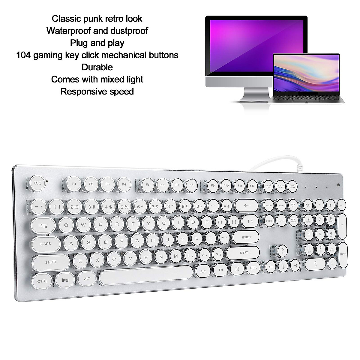 Computer Gaming Keyboard Retro Wired Gaming Mechanical Keyboard Key Portable Keyboard Click with 104 Keys Mixed Light Ergonomic Design Gaming Keyboard(White)