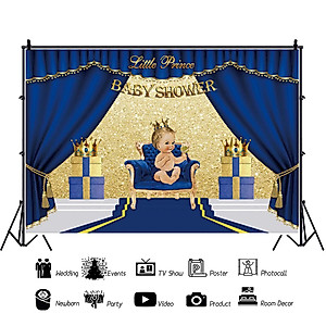 DORCEV 8x5ft Royal Little Prince Baby Shower Photography Backdrop Blue Curtain Carpet Gold Crown Background for Royal Newborn Baby Shower Party Supplies Photo Studio Props