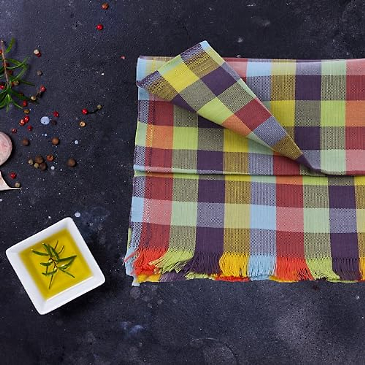 PÜSKÜL - Kitchen Towels Set of 6, 100% Turkish Cotton Soft Absorbent Quick Dry Dish Cloths, Buffalo Plaid Tea Towels with Fringe (26 X 18 Inches, Multi Color Tropical)