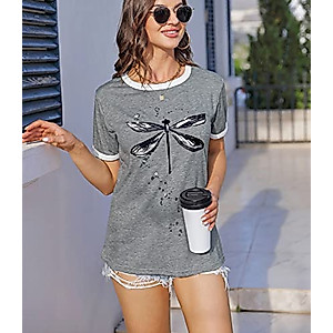 JNIFULI Women's Graphic Tees Casual Summer Funny Dragonfly Printed Short Sleeve Cute T Shirts Tops Grey