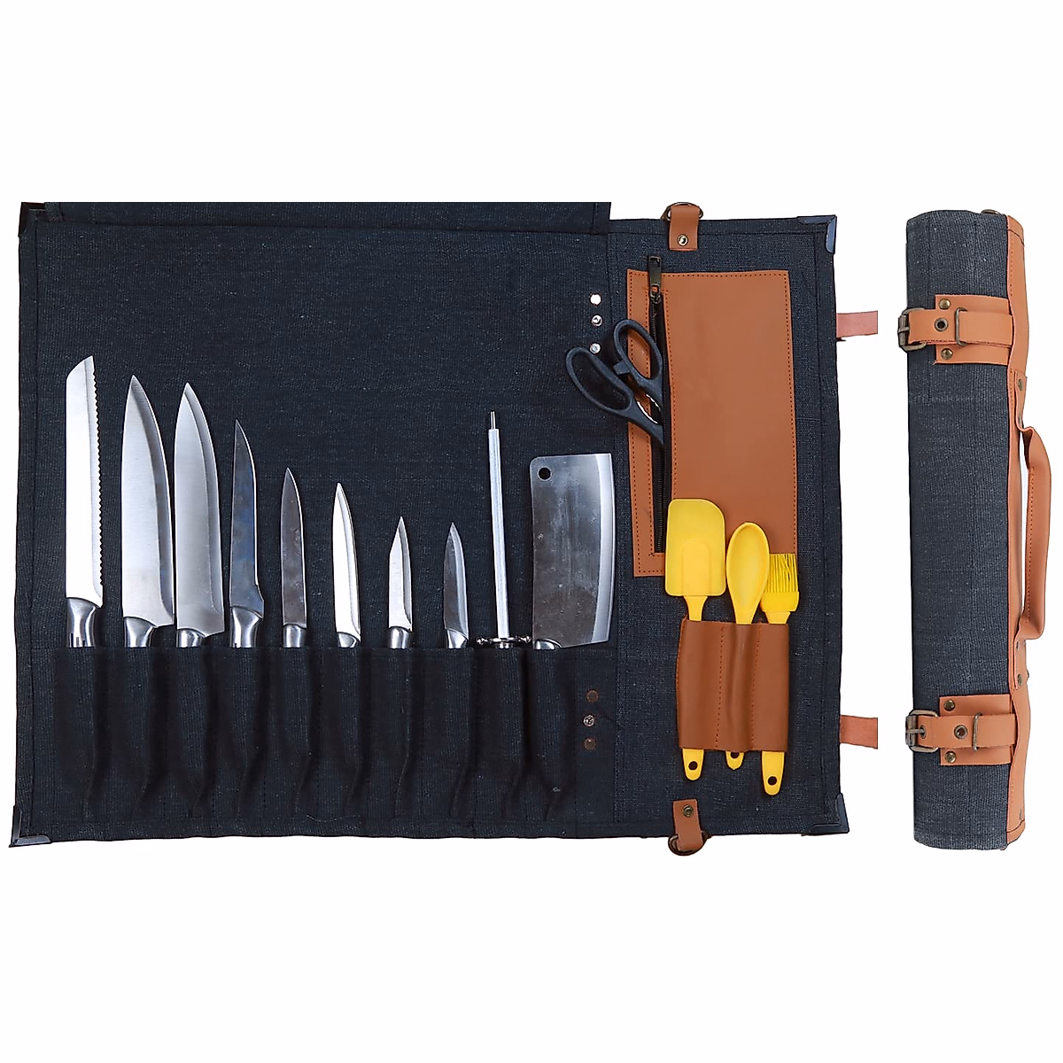 Chef knife roll bag large | stores 10 knives, 3 kitchen utensils Plus leather zipper pouch size open: 28" x 20" | waxed canvas knife carrier | easily carried shoulder strap professional chefs
