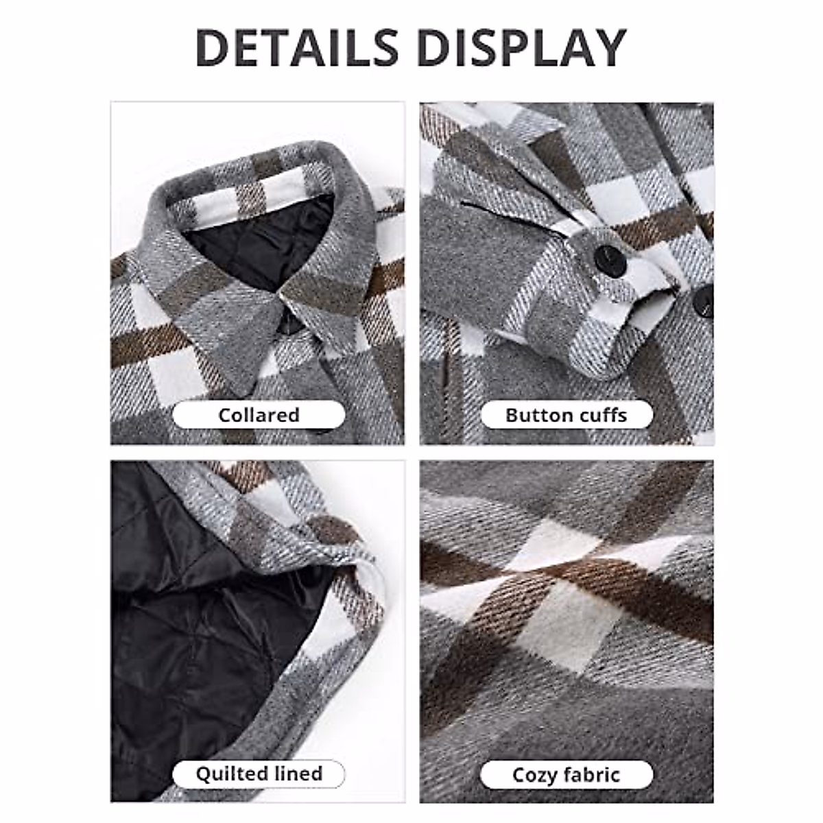 GRAPENT Women's Casual Oversized Boyfriend Plaid Button Down Long Sleeve Shirt Quilted Lined Flannel Shacket Jacket Coat Outerwear Grey Plaid Size Large Size 12 Size 14