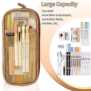 EASTHILL Grid Mesh Pen Pencil Case with Zipper Clear Makeup Color Pouch Cosmetics Bag Multi-Purpose Travel School Teen Girls Transparent Stationary Bag Office Organizer Box for Adluts(Khaki)