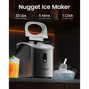 VIVIDMOO Nugget Ice Maker Countertop, 34lbs/24H Pebble Ice Machine, Self-Cleaning Sonic Ice Maker with Basket & Scoop, Compact Pellet Ice Maker for Home/Office/Kitchen/RV/Party, Stainless Steel