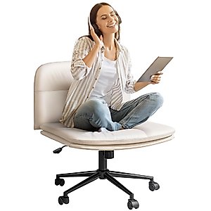 FLEXISPOT Cross Legged Office Chair Armless Desk Chair Comfy Wide Seat Criss Cross Chair with Wheels Vanity Chair for Living Room Bedroom Study Room(White Light Beige)