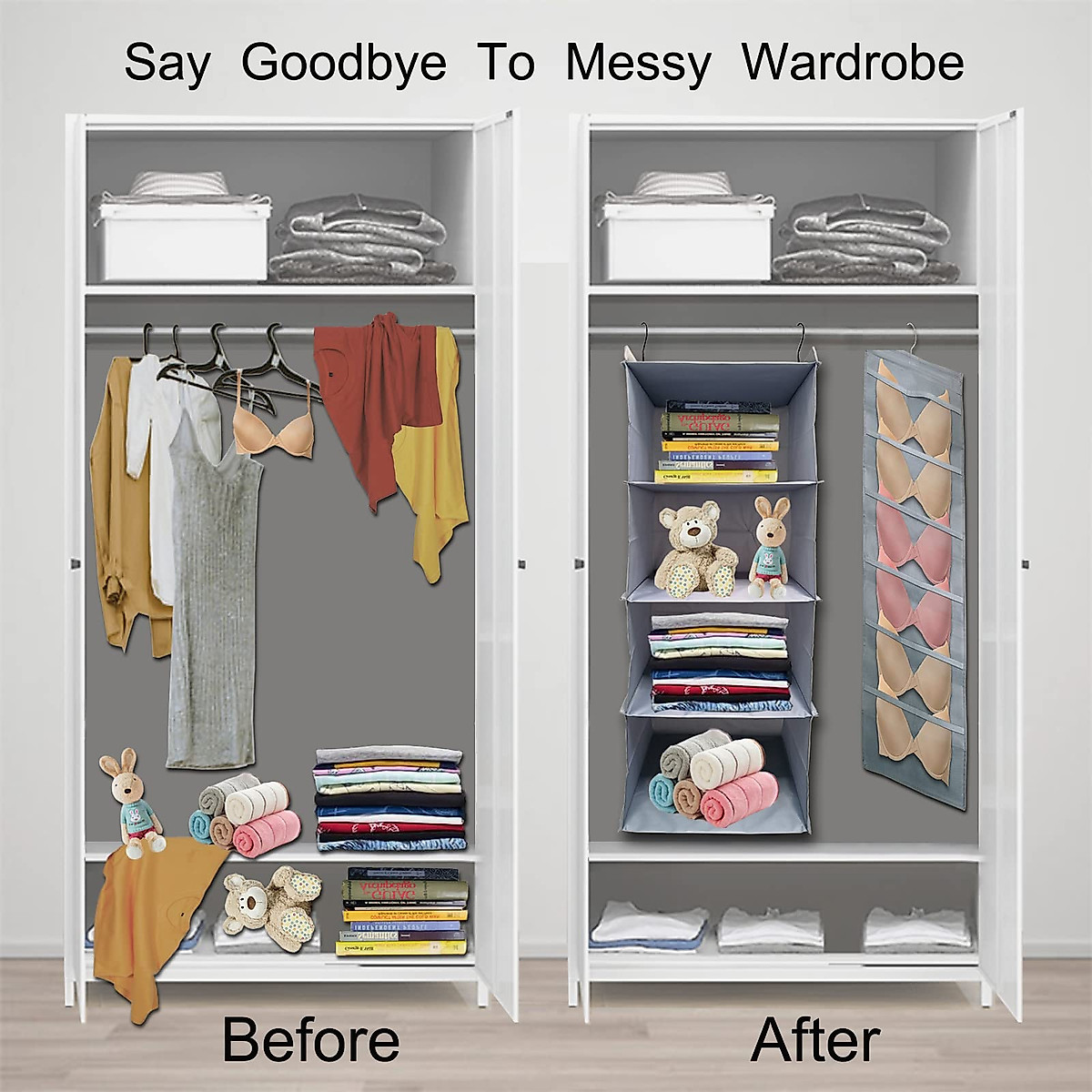 Taoomeho Hanging Closet Organizers and Storage Set,4-Shelf Foldable Hanging Storage Shelves and Dual-Sided Storage Bags，Great for Clothes Bag Bra Underwear Underpants Socks Organization Storage，Gray