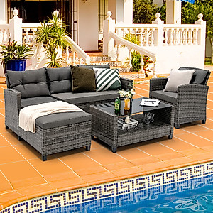 HAPPYGRILL 4 Pieces Patio Furniture Set Outdoor PE Wicker Sectional Sofa Set with Corner Sofa and Cushions, 2-Tier Coffee Table with Extra Storage Shelf, Patio Conversation Set for Poolside Backyard