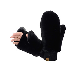 C.C Women's Faux Fur Wrist Length Fingerless Sherpa Lined Convertible Mittens Gloves-Black