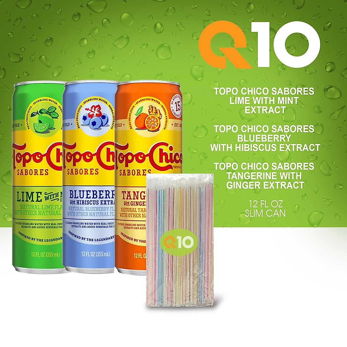 QUALITATT 10 Brand Box, Sabores Sparkling Water Variation Collection, Lime,Tangerine, Blueberry, Box 24 Count 8 Each + 80 Disposable Food Grade Plastic Straws by QUALITATT 10 Brand