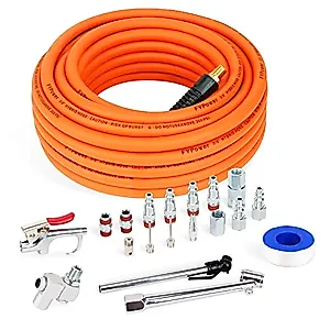 FYPower 20 Pieces Air Compressor Accessories kit, 3/8 inch x 50 ft Hybrid Air Compressor Hose Kit, 1/4" NPT Quick Connect Air Fittings, Tire Gauge, Chuck, Blow Gun, Swivel Plugs