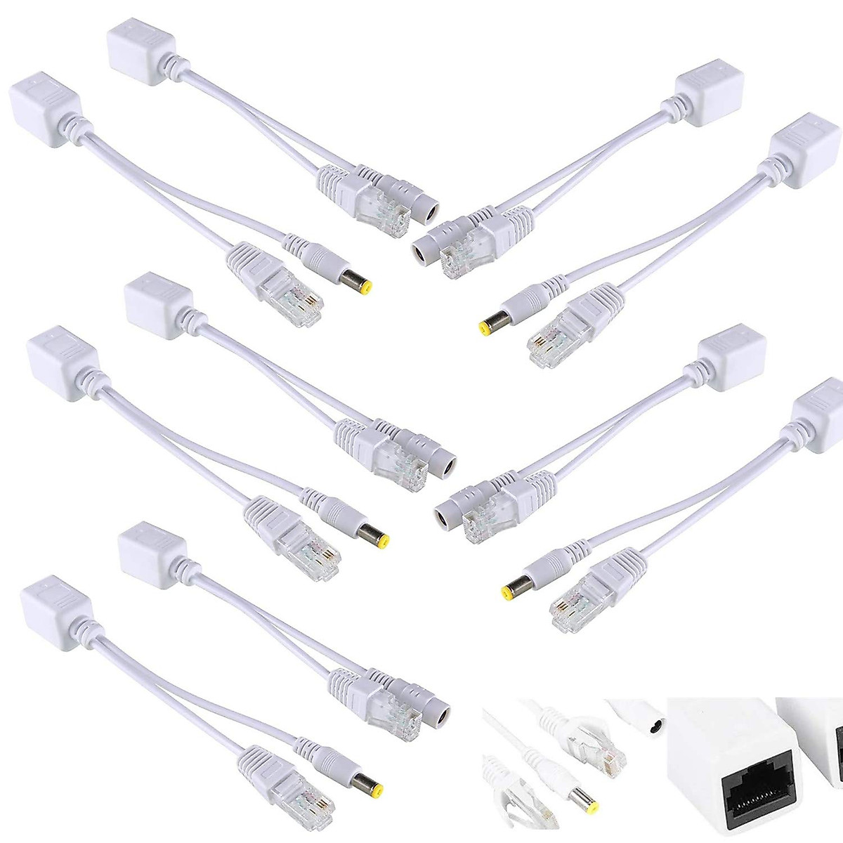 OdiySurveil 5Pairs Passive PoE Injector and Splitter Kits with 5.5x2.1mm DC Connector RJ45 Power Over Ethernet (White)