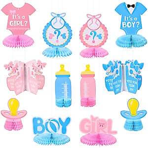 12 Pieces Baby Gender Reveal Honeycomb Table Centerpieces 3D Gender Reveal Hanging Decoration Gender Reveal He or She Boy or Girl Baby Shower Pregnancy Announcements Decor Newborn Party Supplies