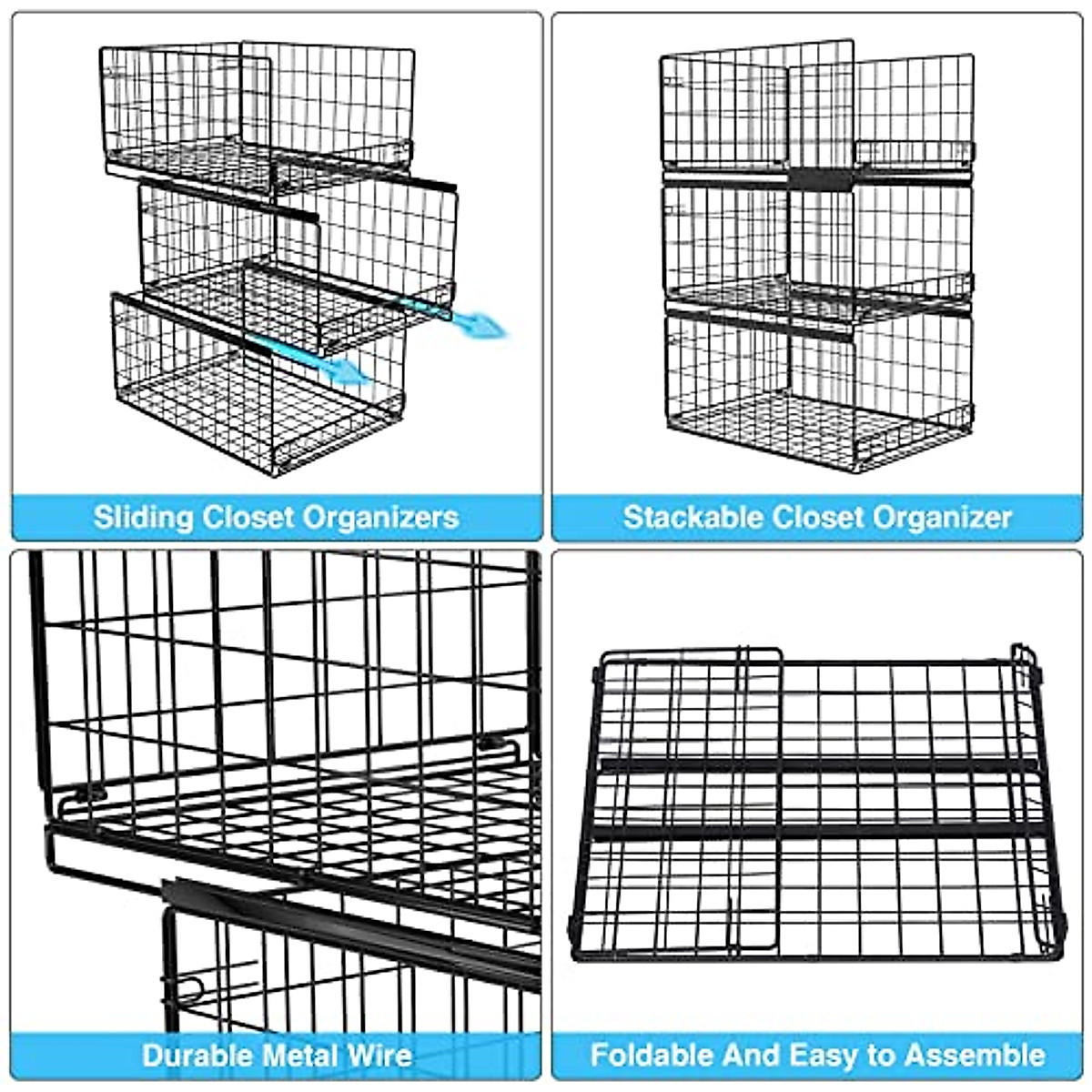 3-tier Sliding Closet Organizers and Drawer Storage Shelves, Stackable Storage Bins for Jean Pants Sweaters, Metal Drawer Shelf Clothes Storage Container, Wardrobe Cupboard Organizer for Folded Clothe