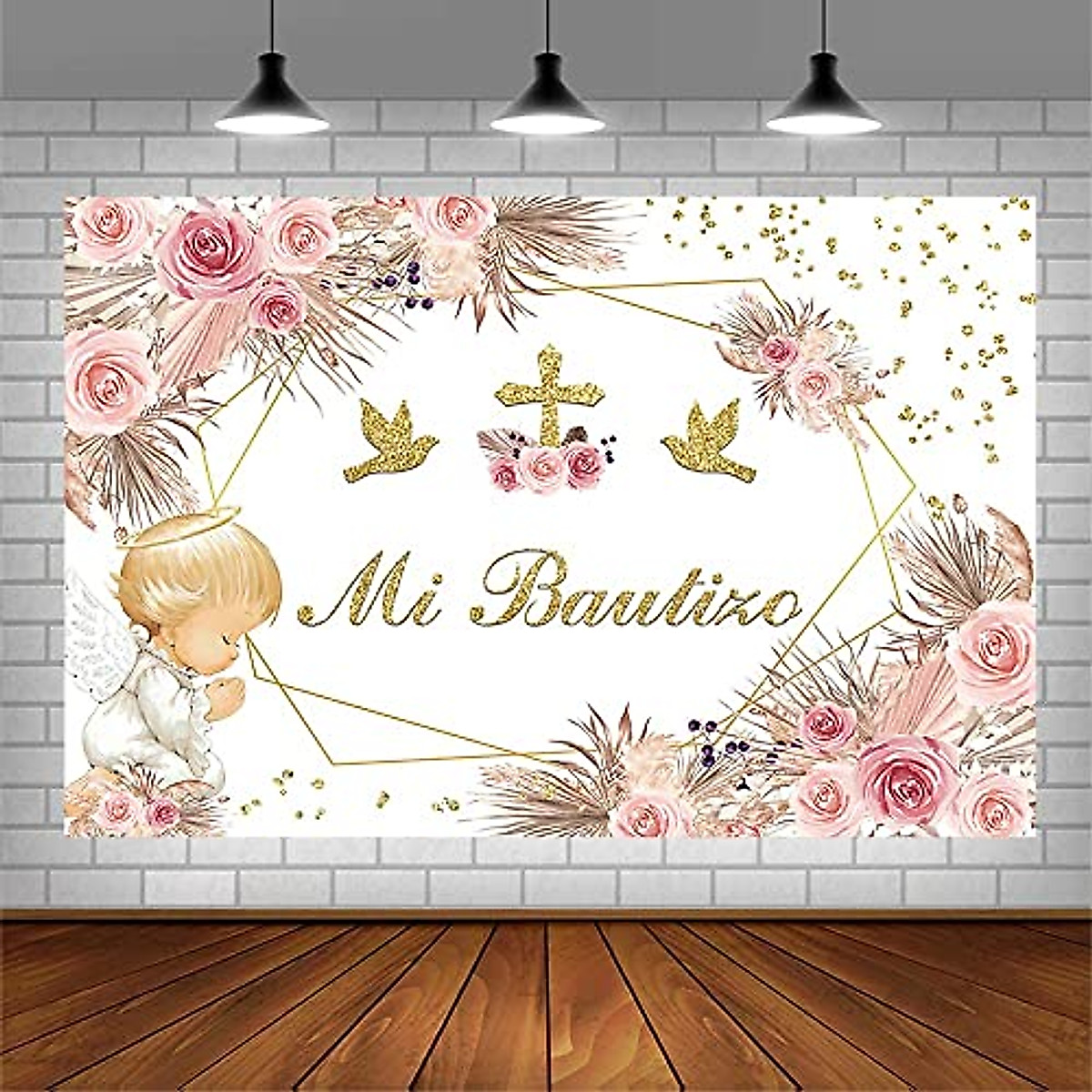 SENDY 7x5ft Mi Bautizo Backdrop Boho Baptism God Bless First Holy Communion Party Decorations for Girl Angel Pink Floral Gold Cross Glitter Background Christening Newborn Baby Shower Photo Booth Props