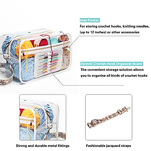 SIHEJA Crochet Bag-Transparent Yarn Storage-Yarn Bag for Crocheting-Knitting Bag-for Crochet Accessories Organizer, Crocheting & Knitting Gifts -White& Flower Jacquard Shoulder Straps