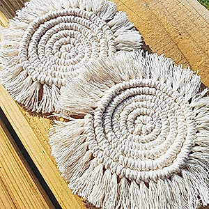 Hygge & Cwtch Handcrafted Macrame Coasters Set of 4 - Handmade Cotton Rope Woven Macrame Coaster with Tassel | Boho Home Decor Mugs and Cups Pads for Drinks, Wine Glass Table Countertop Office