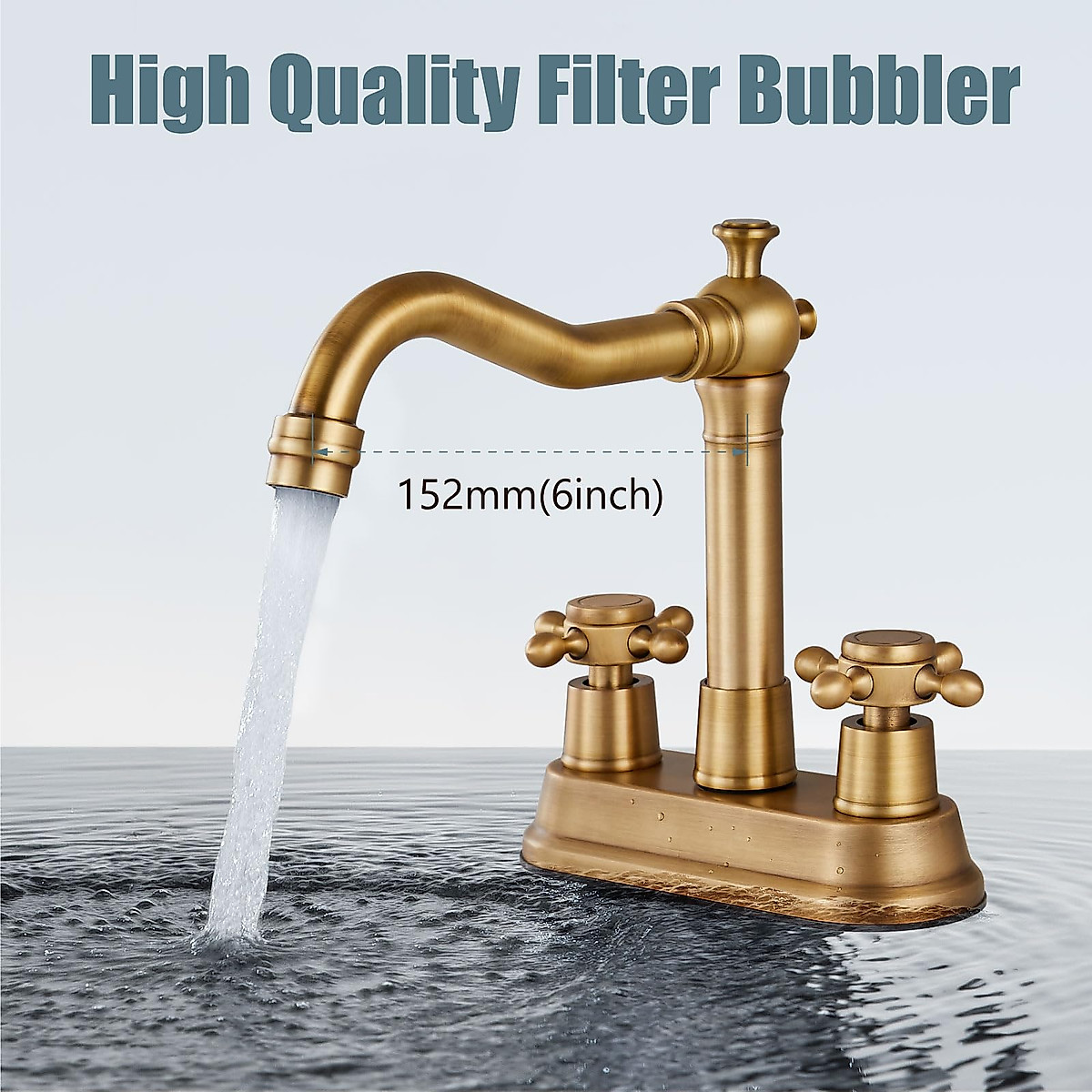 Aolemi Antique Brass 4 Inch Centerset Deck Mounted Bathroom Sink Faucet Vintage with 2 Cross Handles RV Mixer Tap Basin Vanity Lavatory Utility for Sink 3 Hole Include Water Hose & Pop Up Drain